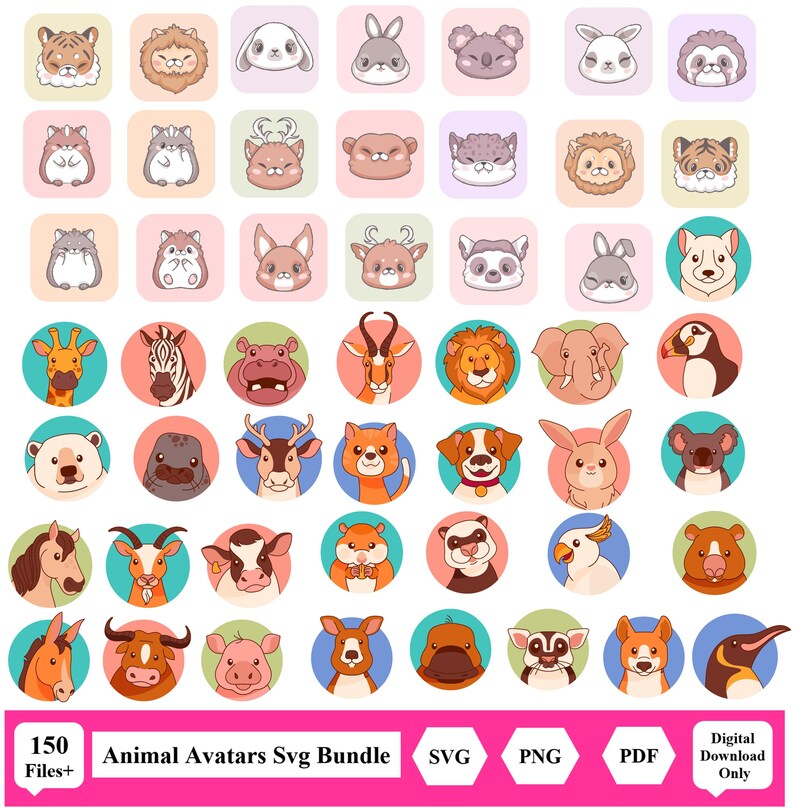 Animal Avatars Svg Bundle, Animals Face Svg Bundle, Safari Animals ...
