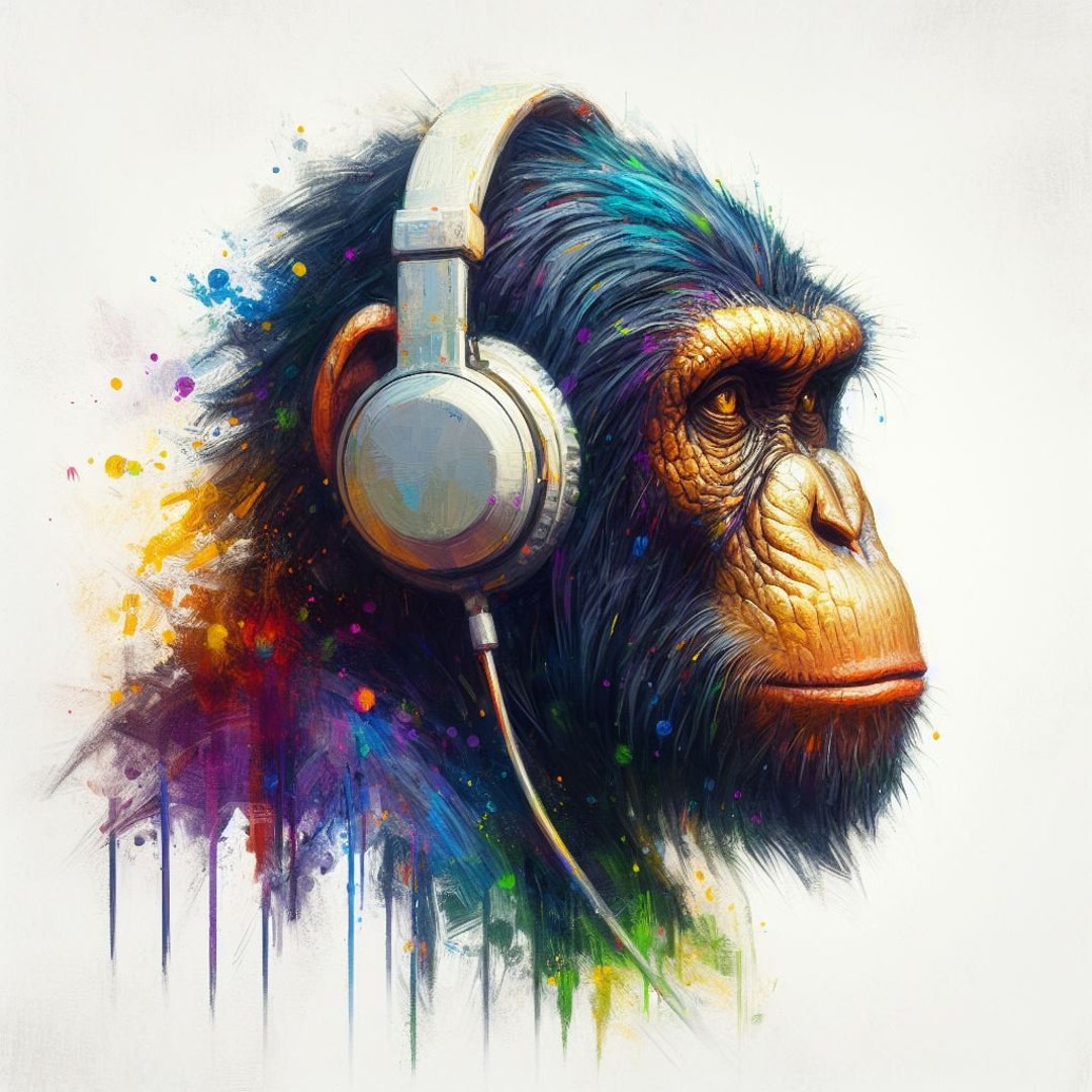 Monkey With Headset Listening to Music. Digital Art Illustrations for ...