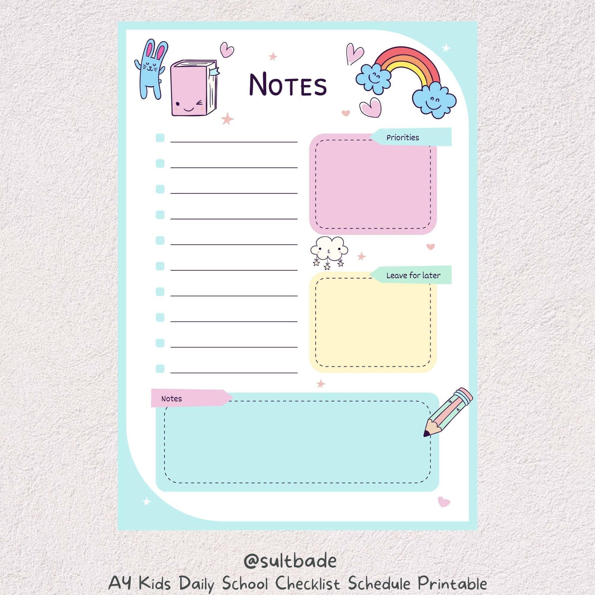 Kids Daily School Checklist Schedule Printable, Rainbow Daily Planner ...