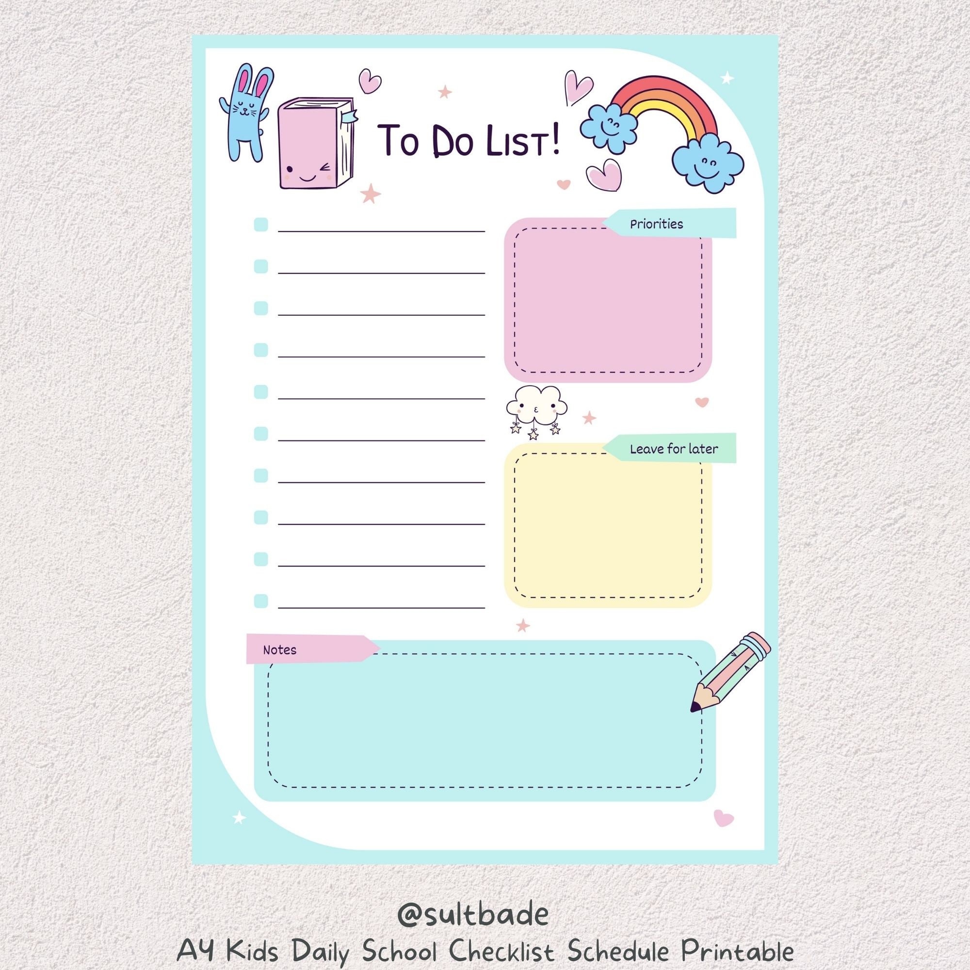 Kids Daily School Checklist Schedule Printable, Rainbow Daily Planner ...