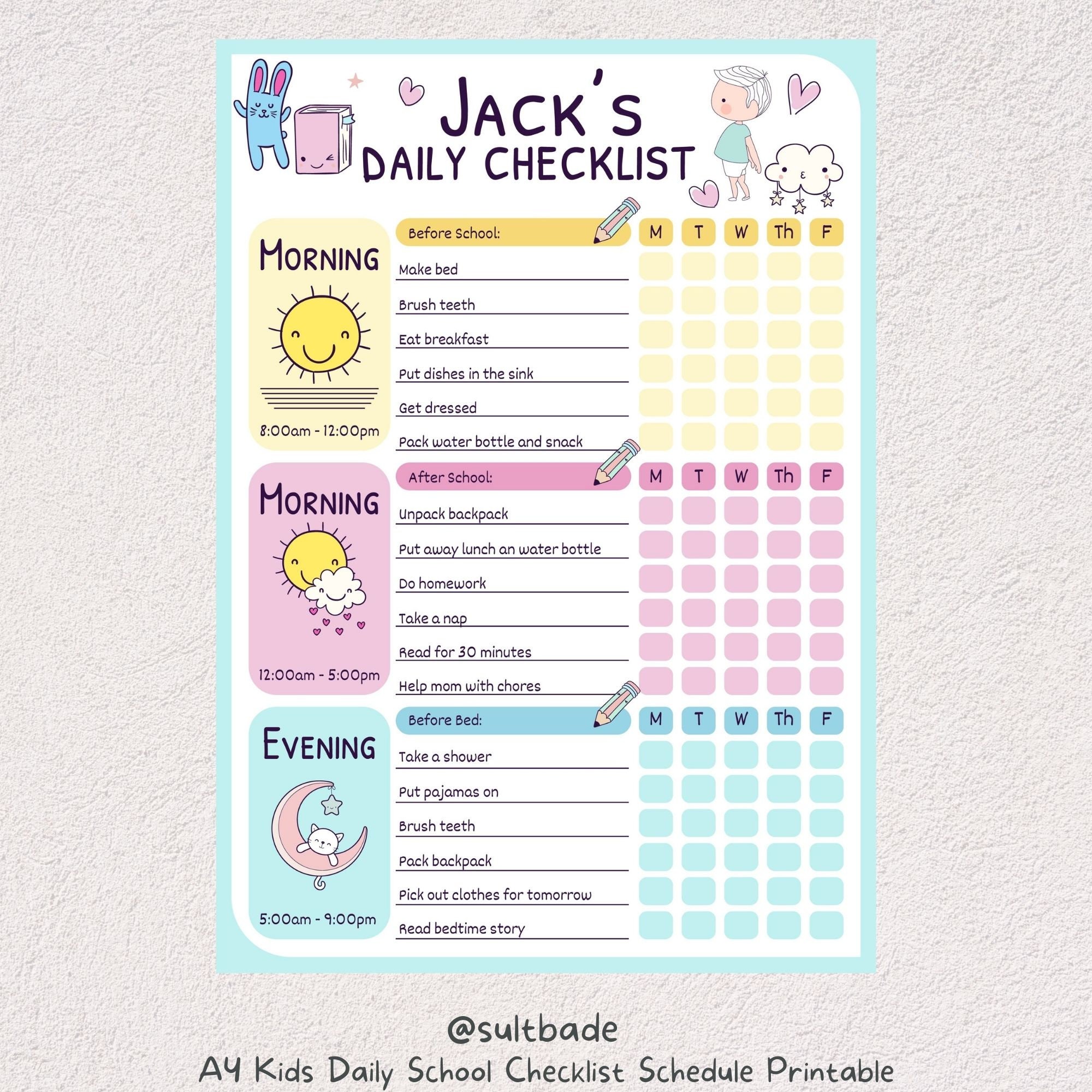 Kids Daily School Checklist Schedule Printable, Rainbow Daily Planner ...