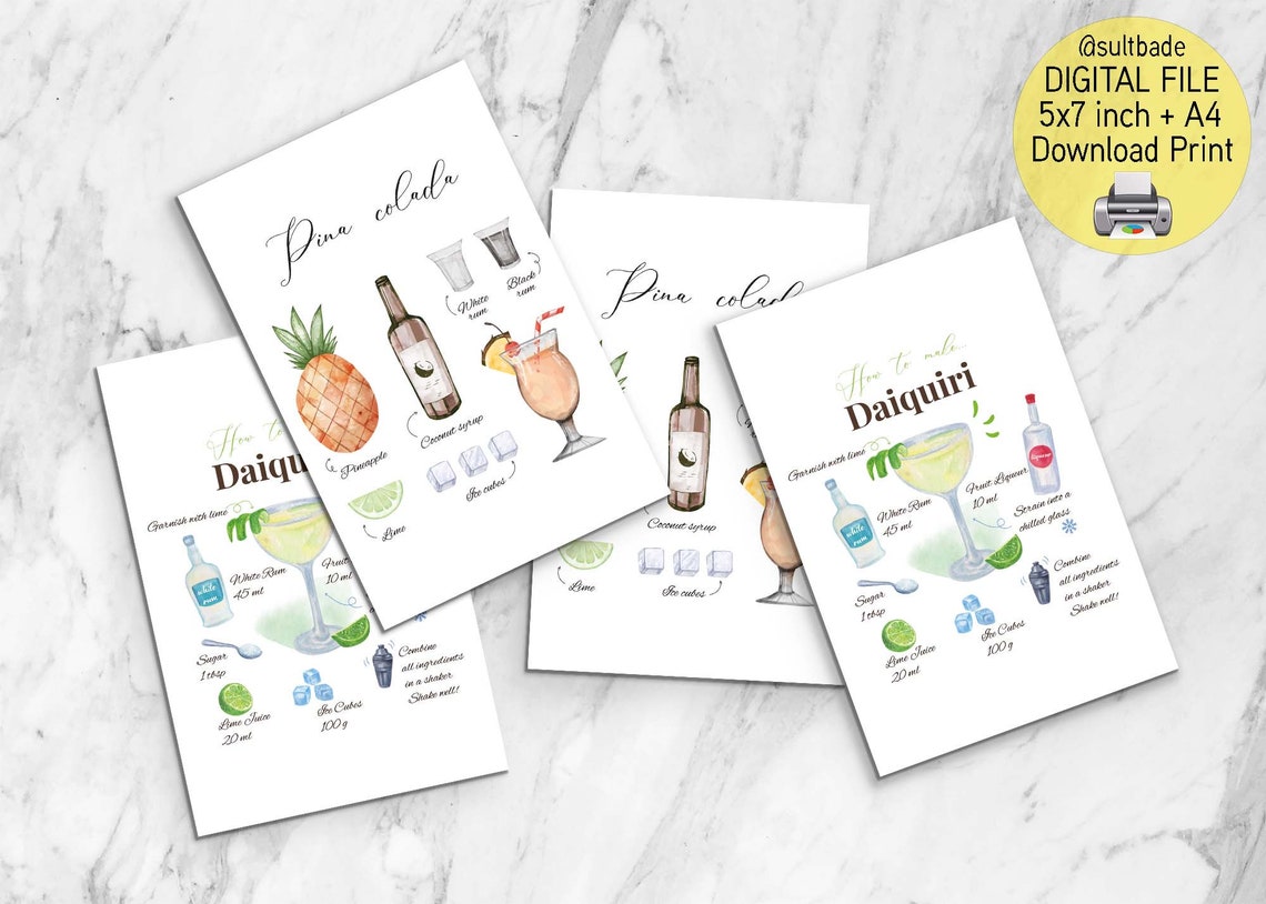 Cocktail Recipe Card Template Drink Recipe Cards Printable - Etsy