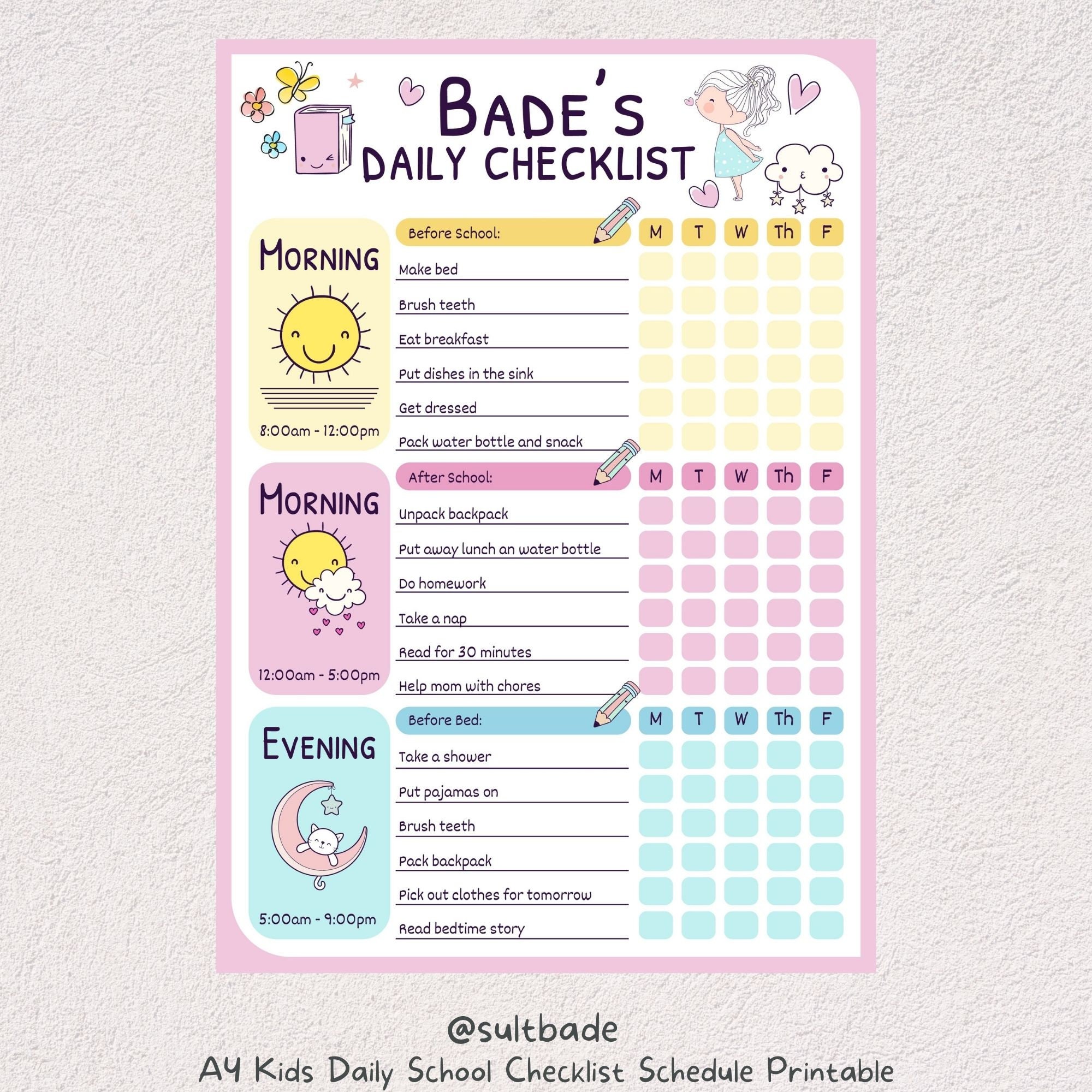 Kids Daily School Checklist Schedule Printable, Rainbow Daily Planner ...