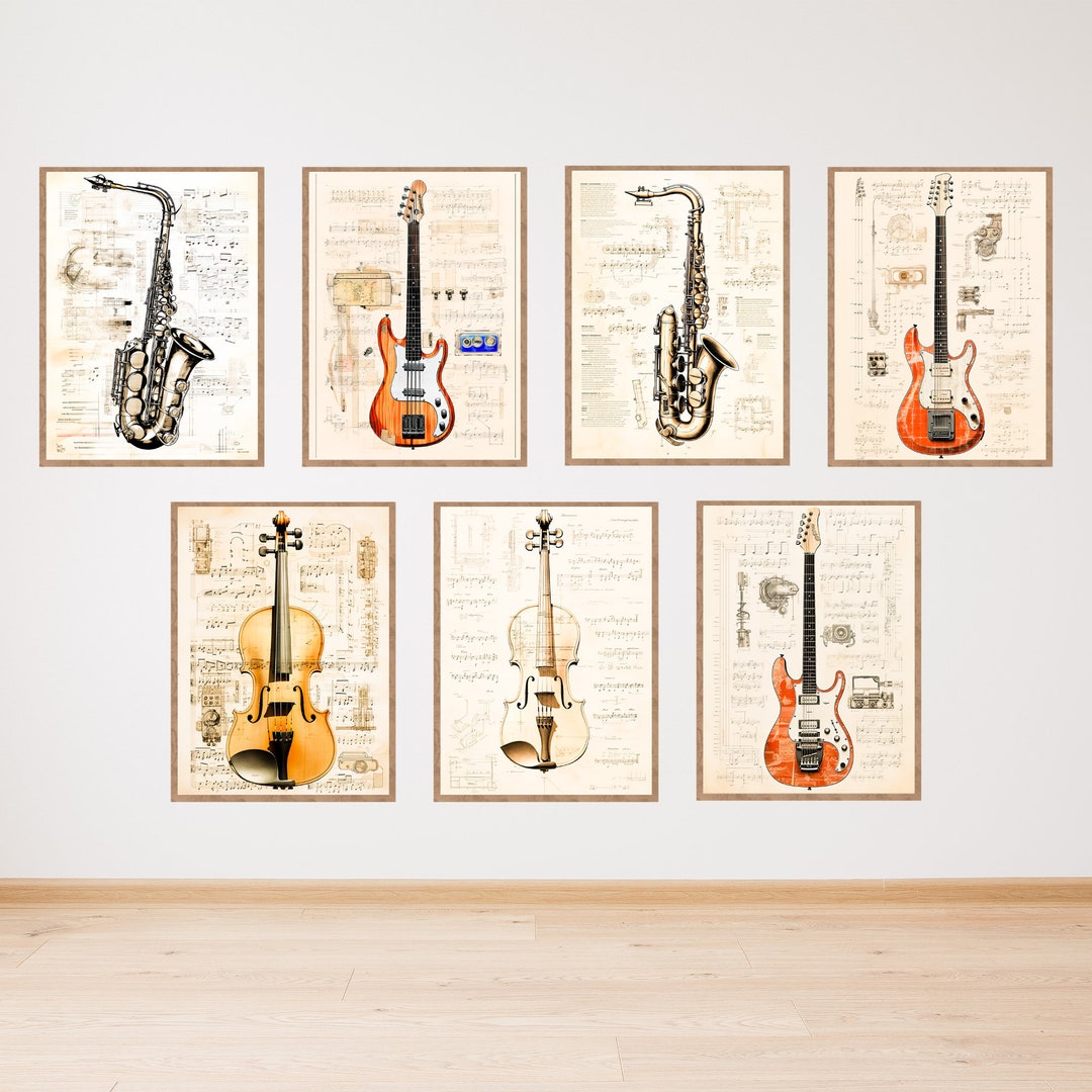 SET of 7 Vintage Musical Instruments Posters - Retro Music Decor ...