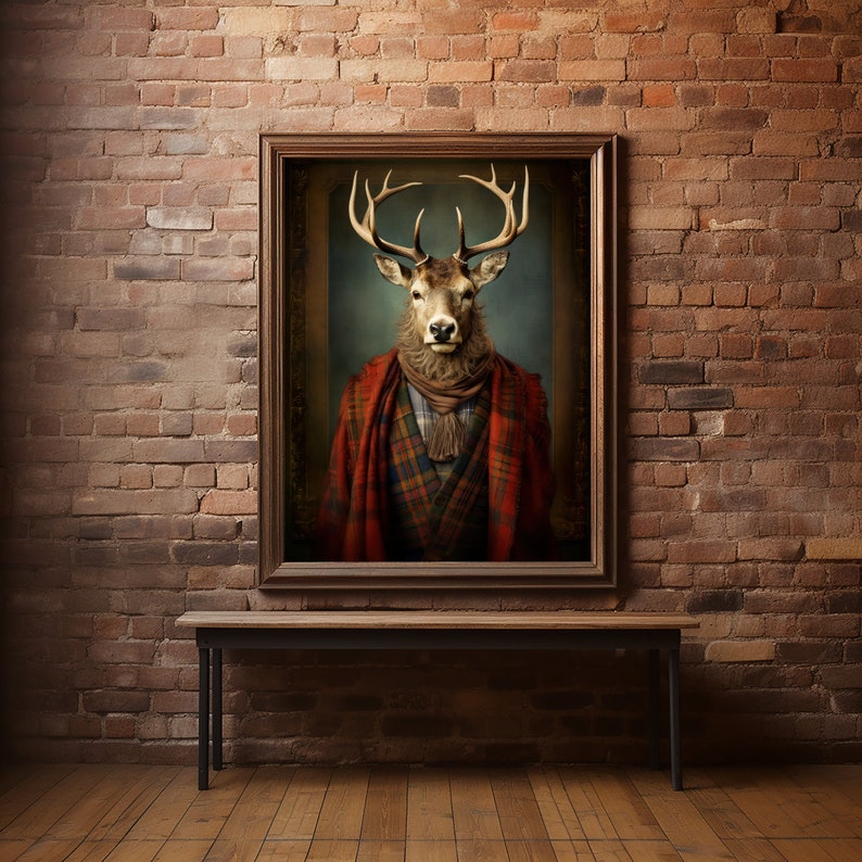 Stag Vintage Tartan Portrait, Pet Painting, Renaissance Animal Portrait ...