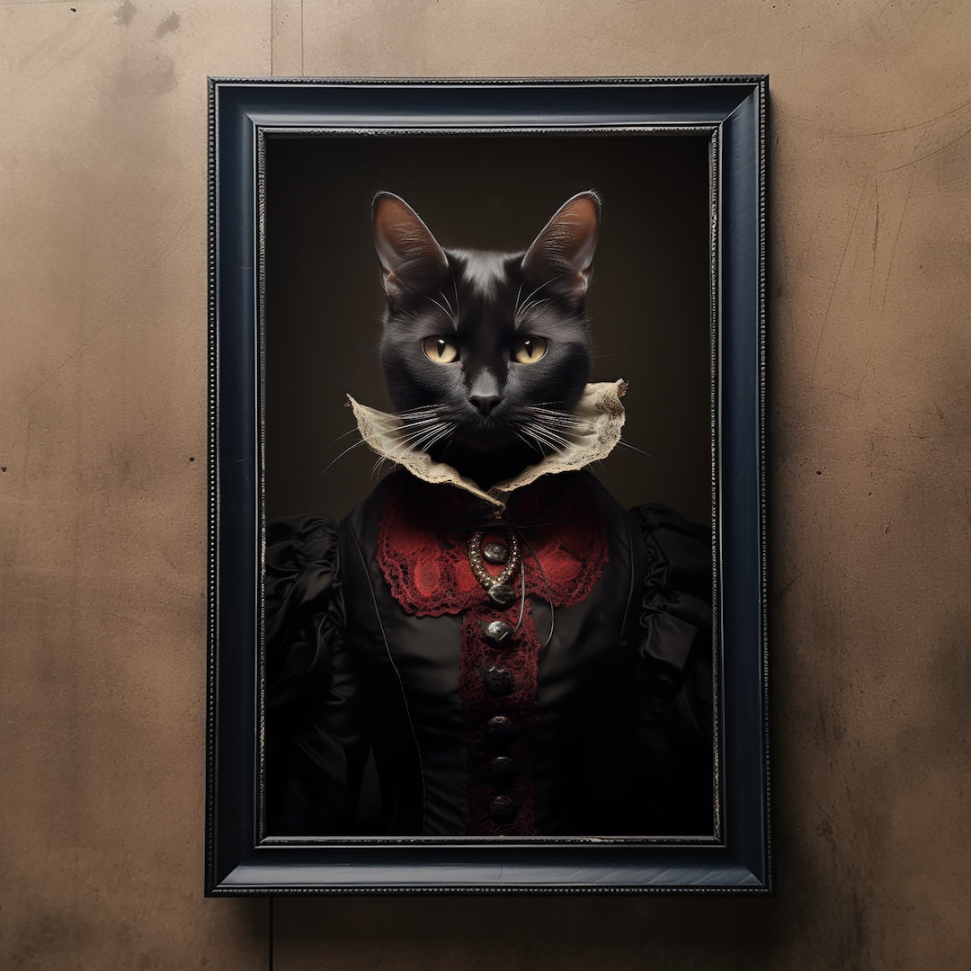 Gothic Black Cat Vintage Portrait, Pet Painting, Renaissance Animal ...