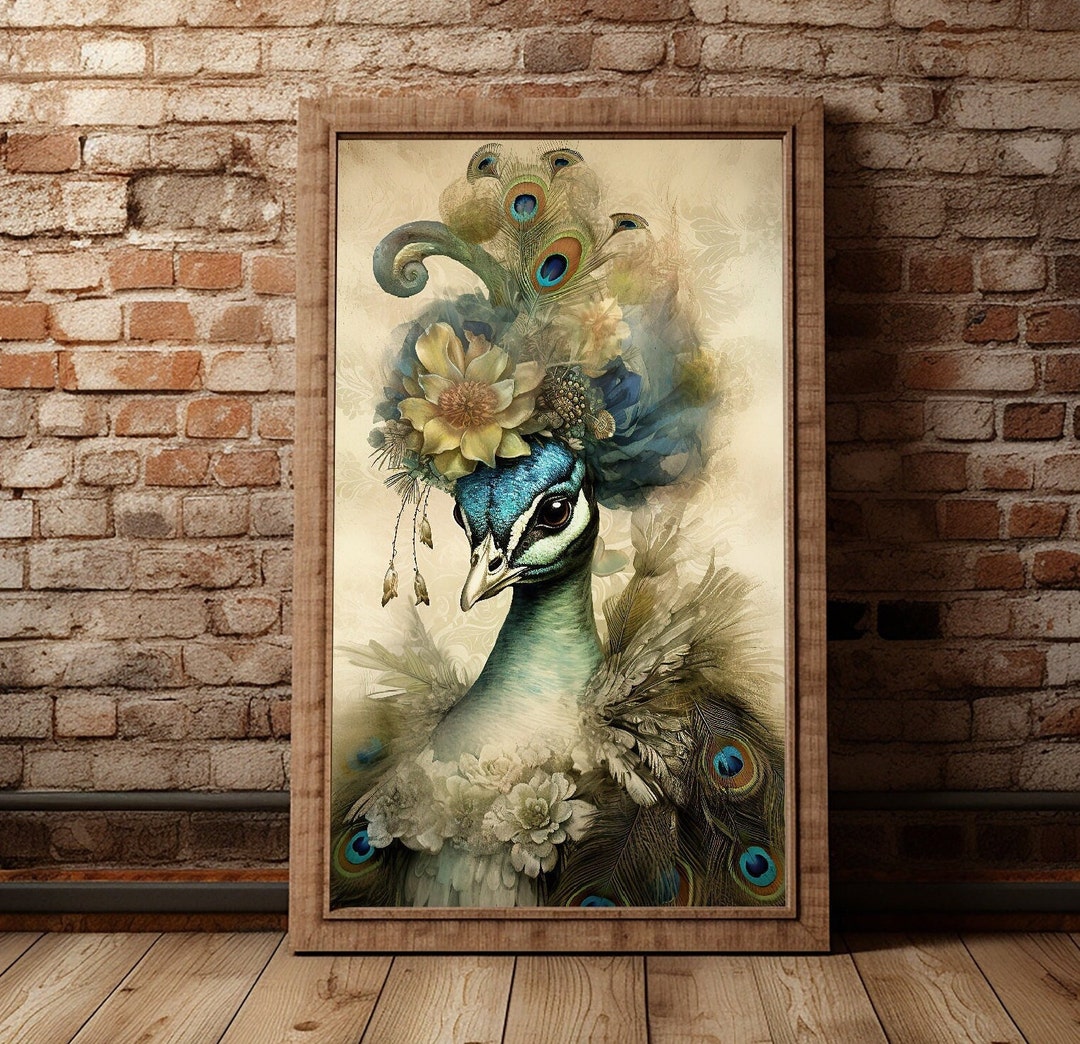 Peahen, Peacock Vintage Portrait, Pet Painting, Renaissance Bird ...