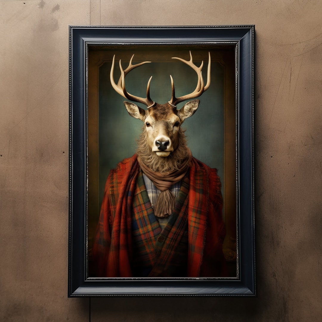 Stag Vintage Tartan Portrait, Pet Painting, Renaissance Animal Portrait ...