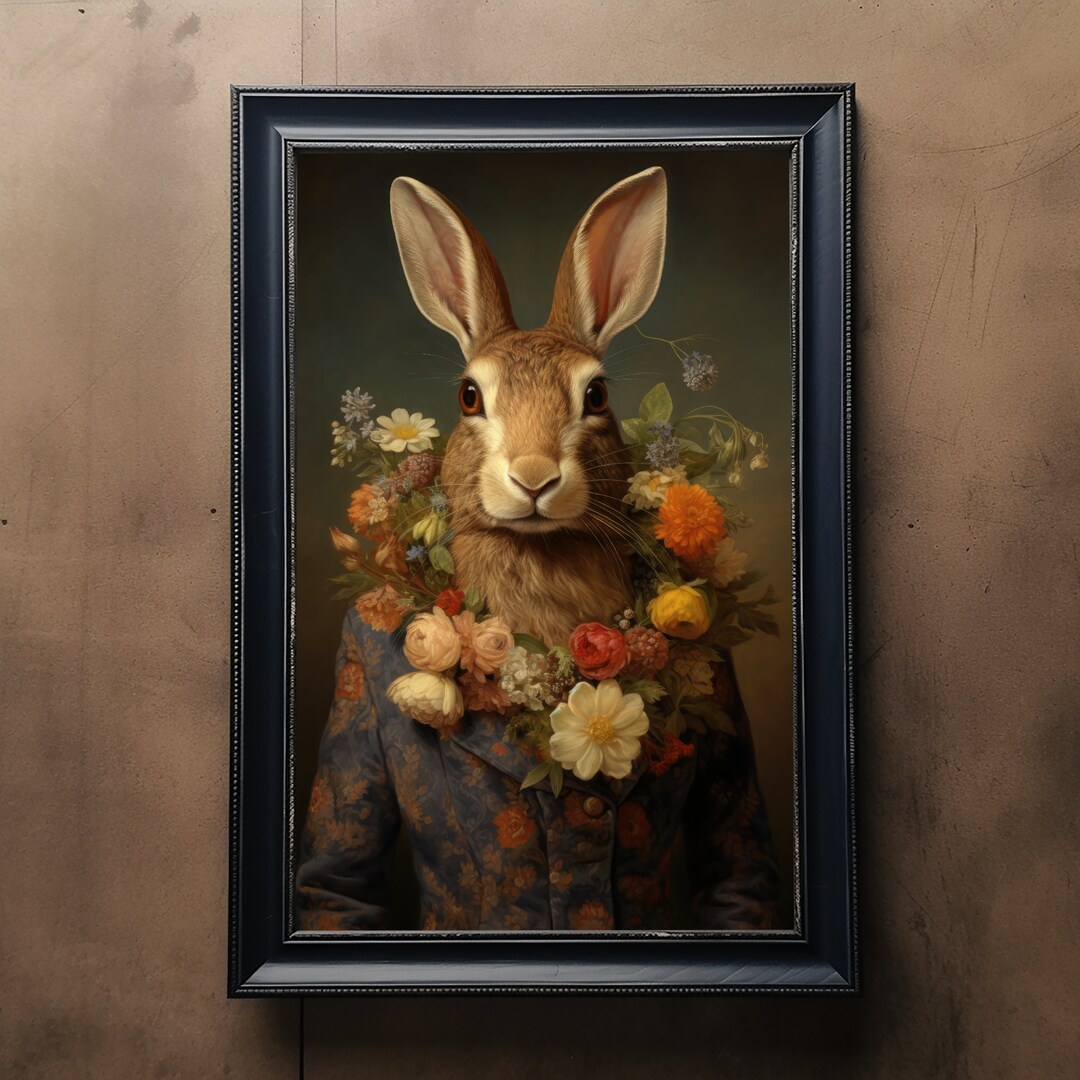 Hare Vintage Portrait With Flowers, Pet Painting, Renaissance Animal ...