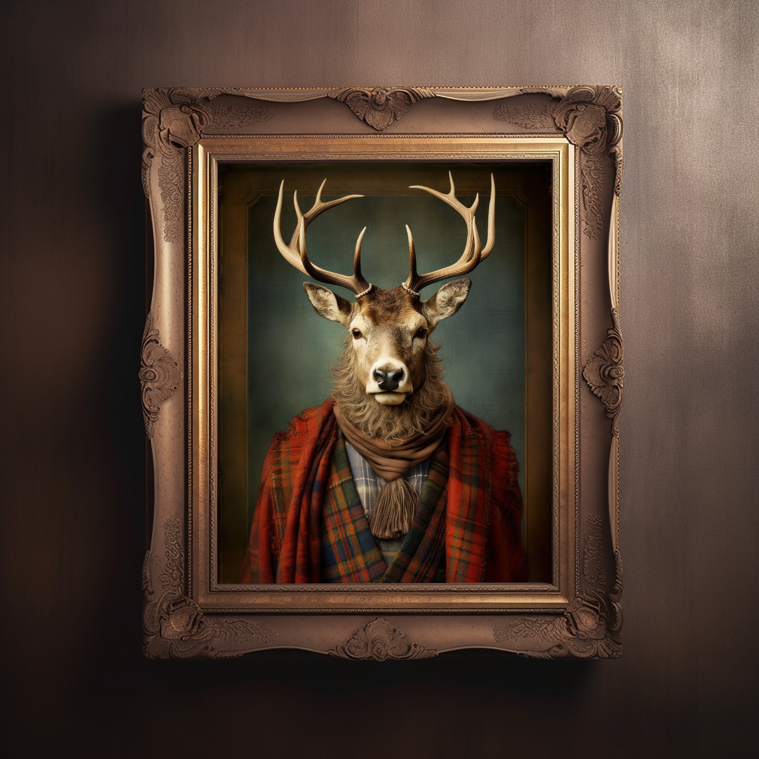 Stag Vintage Tartan Portrait, Pet Painting, Renaissance Animal Portrait ...