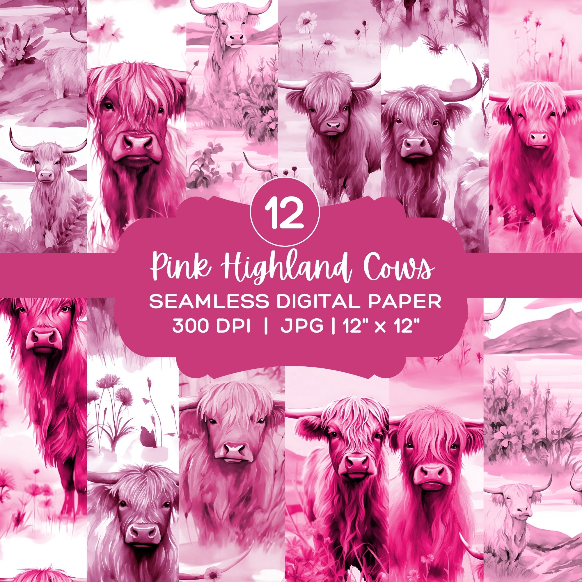 Pink Highland Cow Seamless Digital Papers | Repeatable Digital Patterns ...