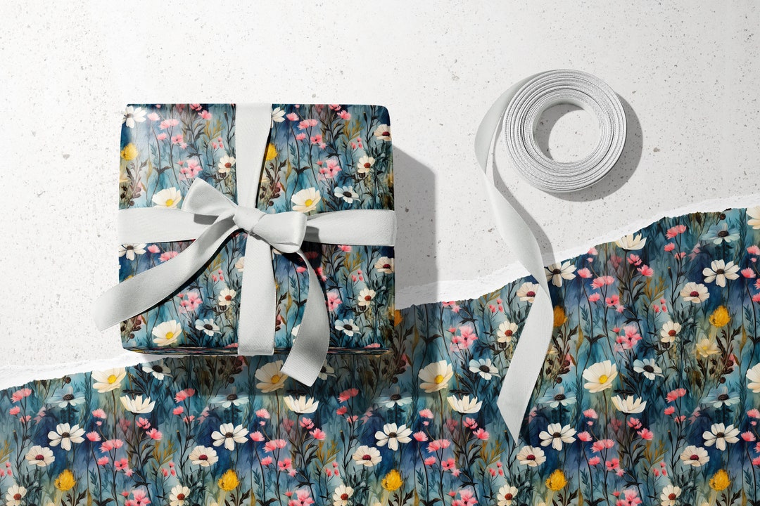 Deep Blue Wildflower Wrapping Paper Wildflower Gift Wrap Floral ...