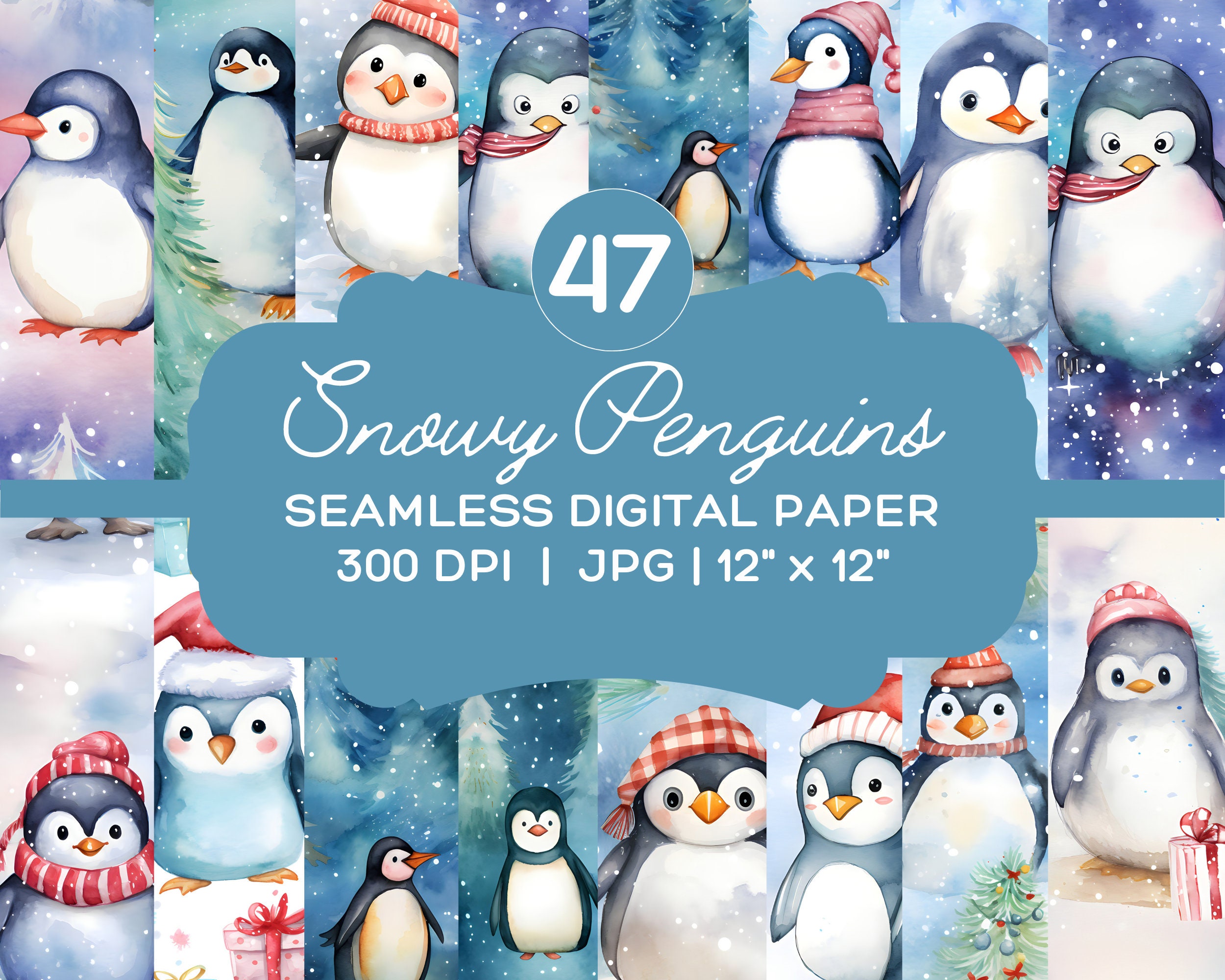 Snowy Penguins Seamless Digital Papers Winter Digital Patterns ...