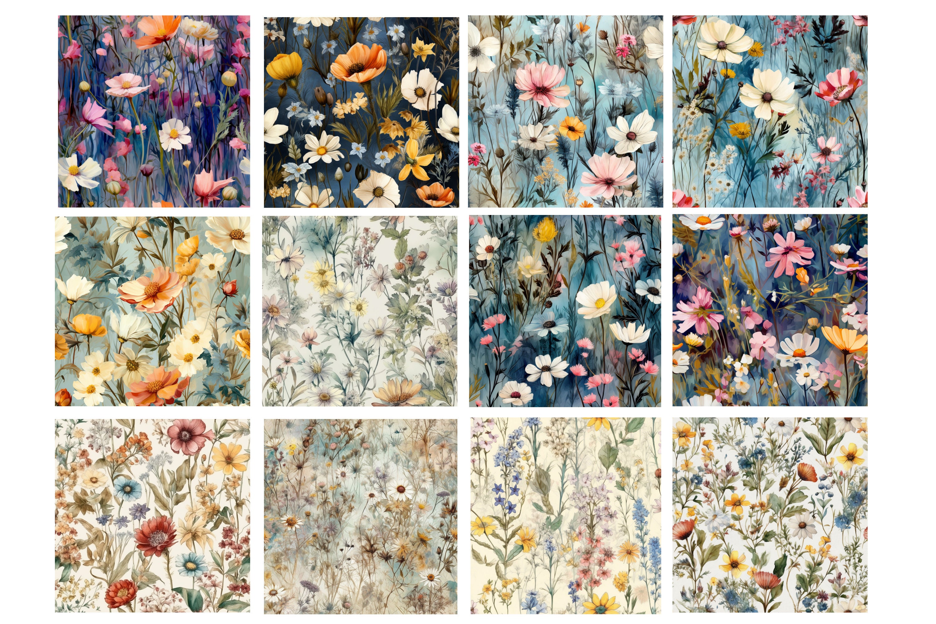 Painted Wildflower Digital Paper | Seamless Floral Backgrounds (set of ...