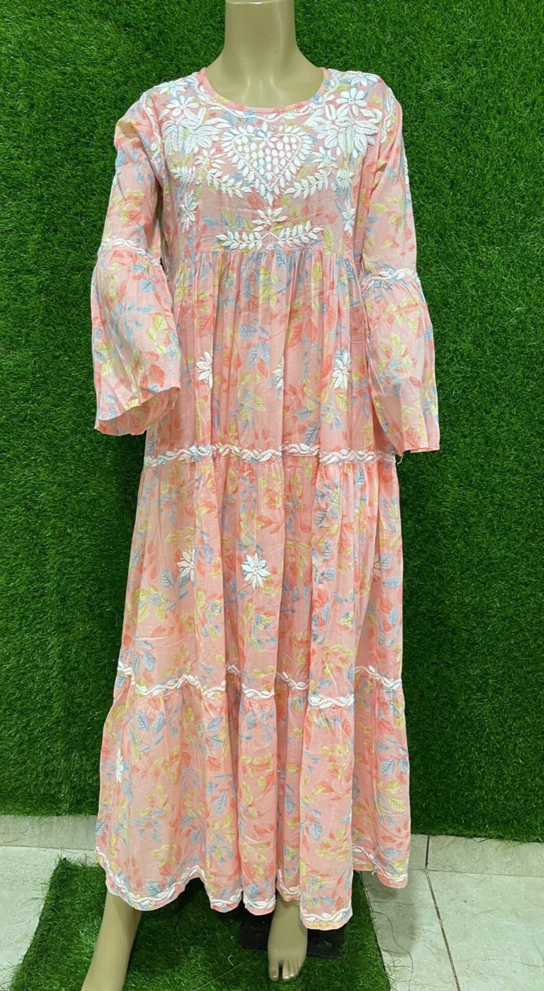 Pink Chikankari Gown, Mal Mal Print Fabric With Beautiful Flare. Soft ...