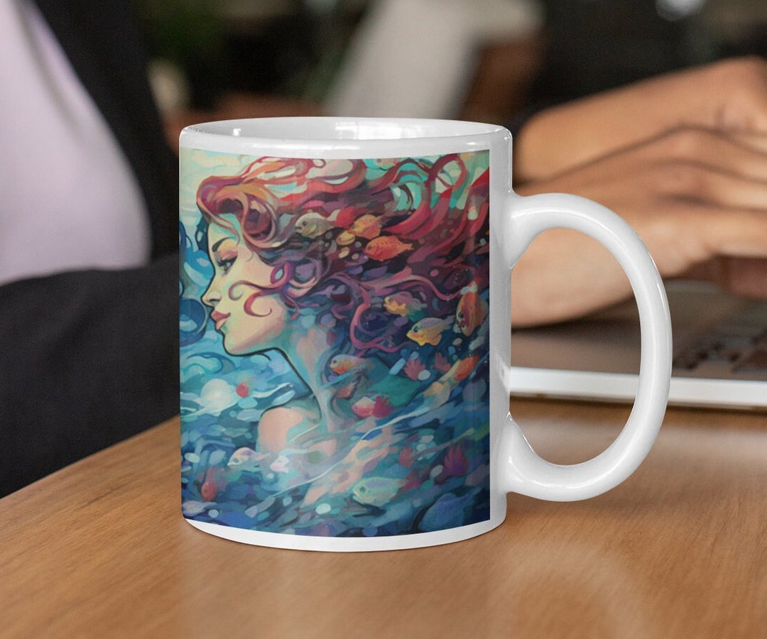Detailed Mermaids Underwater Coffee Mug | Vibrant Pop Art Style | Blue ...