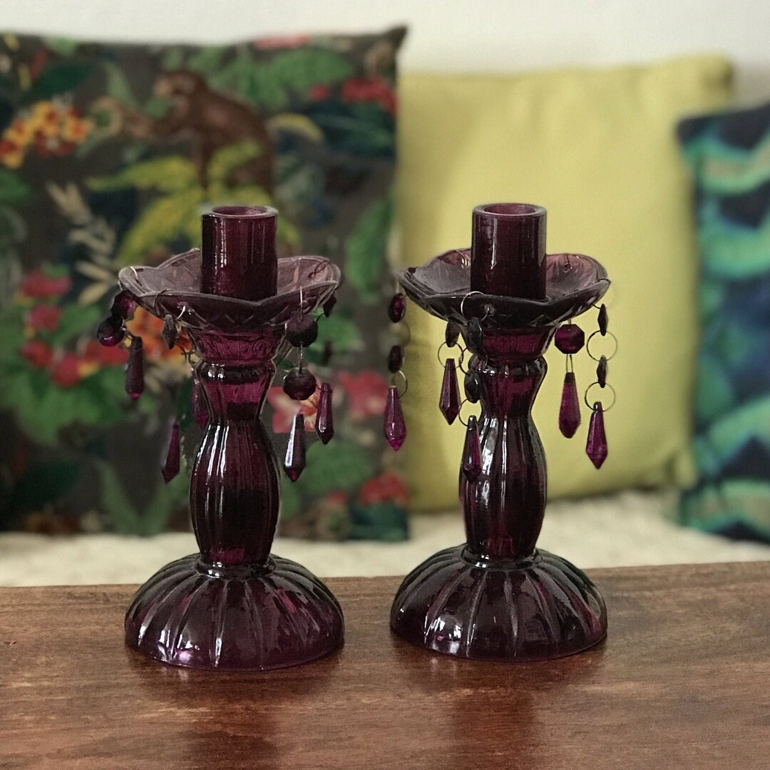 Pair of Purple Molded Glass Candle Holders With Removable Bobeches and ...