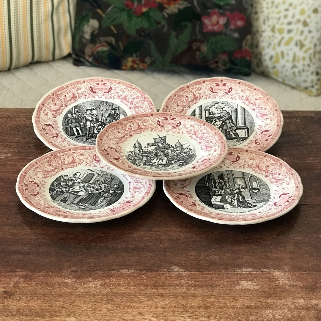 Set of 5 Antique Earthenware Talking Plates - Vintage French Decor ...