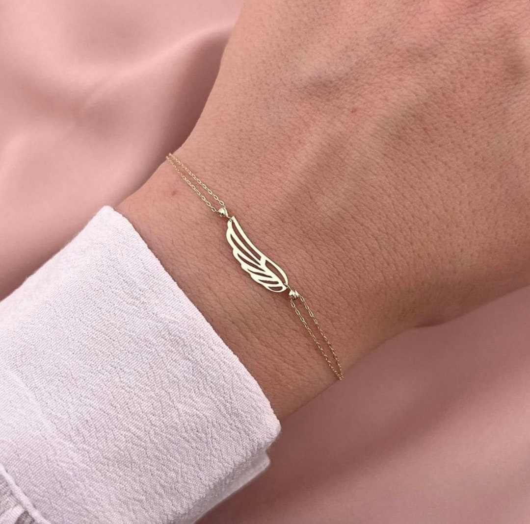 14k Gold Angel Wings Bracelet, Beaded Gold Bracelet, Protection ...