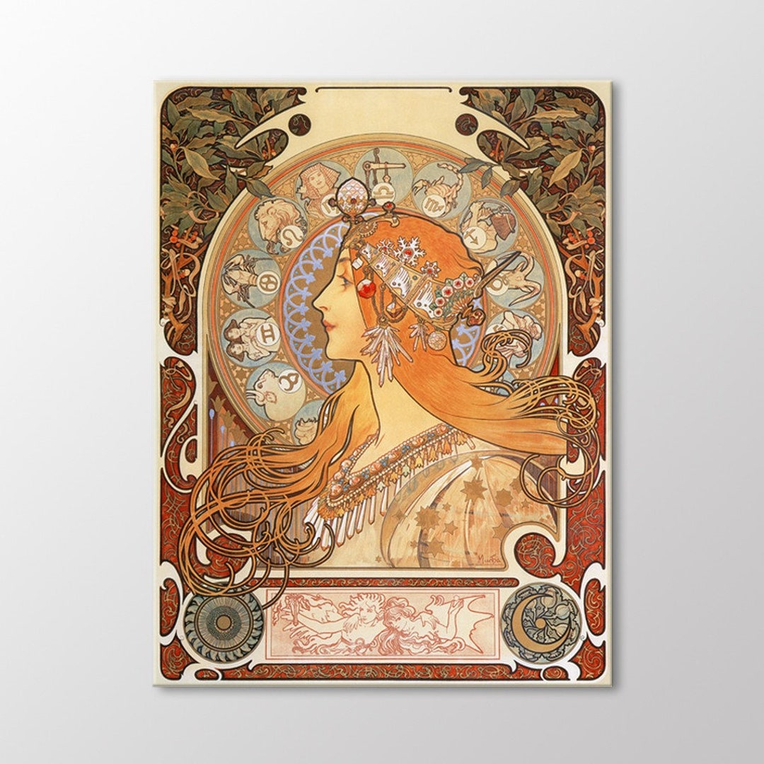 Alphonse Mucha Zodiac Canvas Art, Art Nouveau La Plume Painting - Etsy