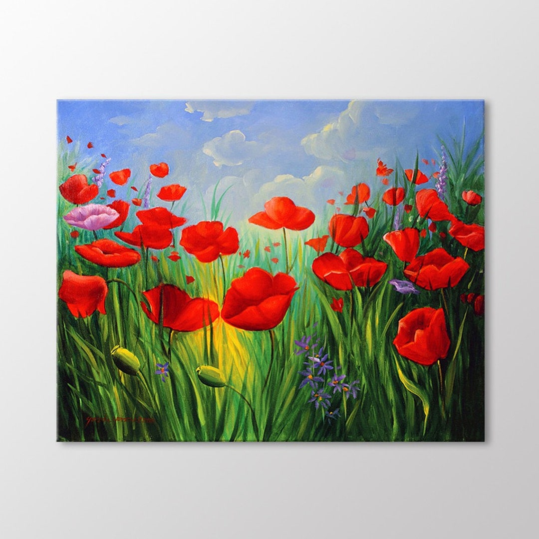Poppies Canvas Wall Art, Red Poppy Flowers Art Print, Floral Farmhouse ...