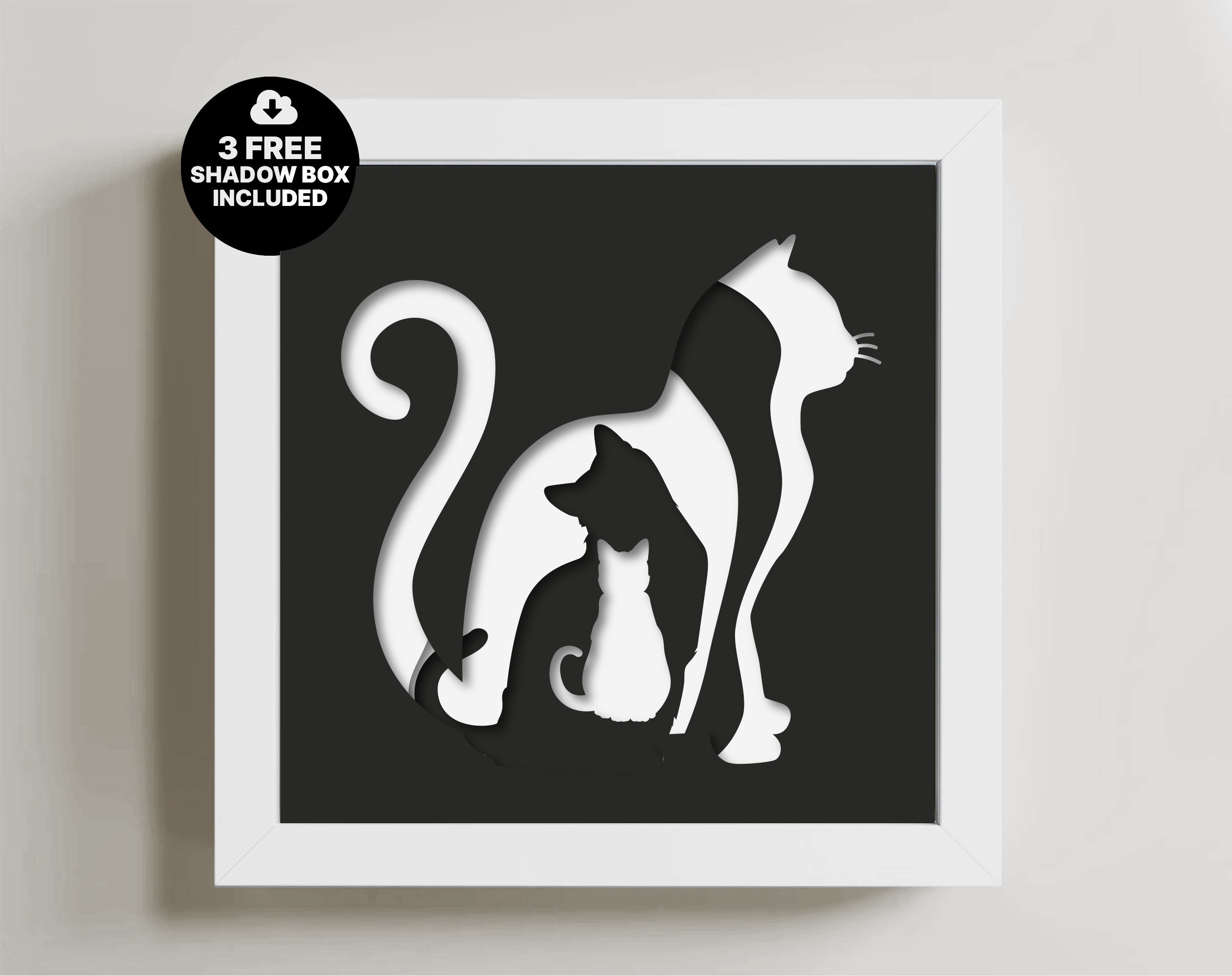 3D Cat Shadow Box SVG: Layered Papercut Template, Black and White Cat ...