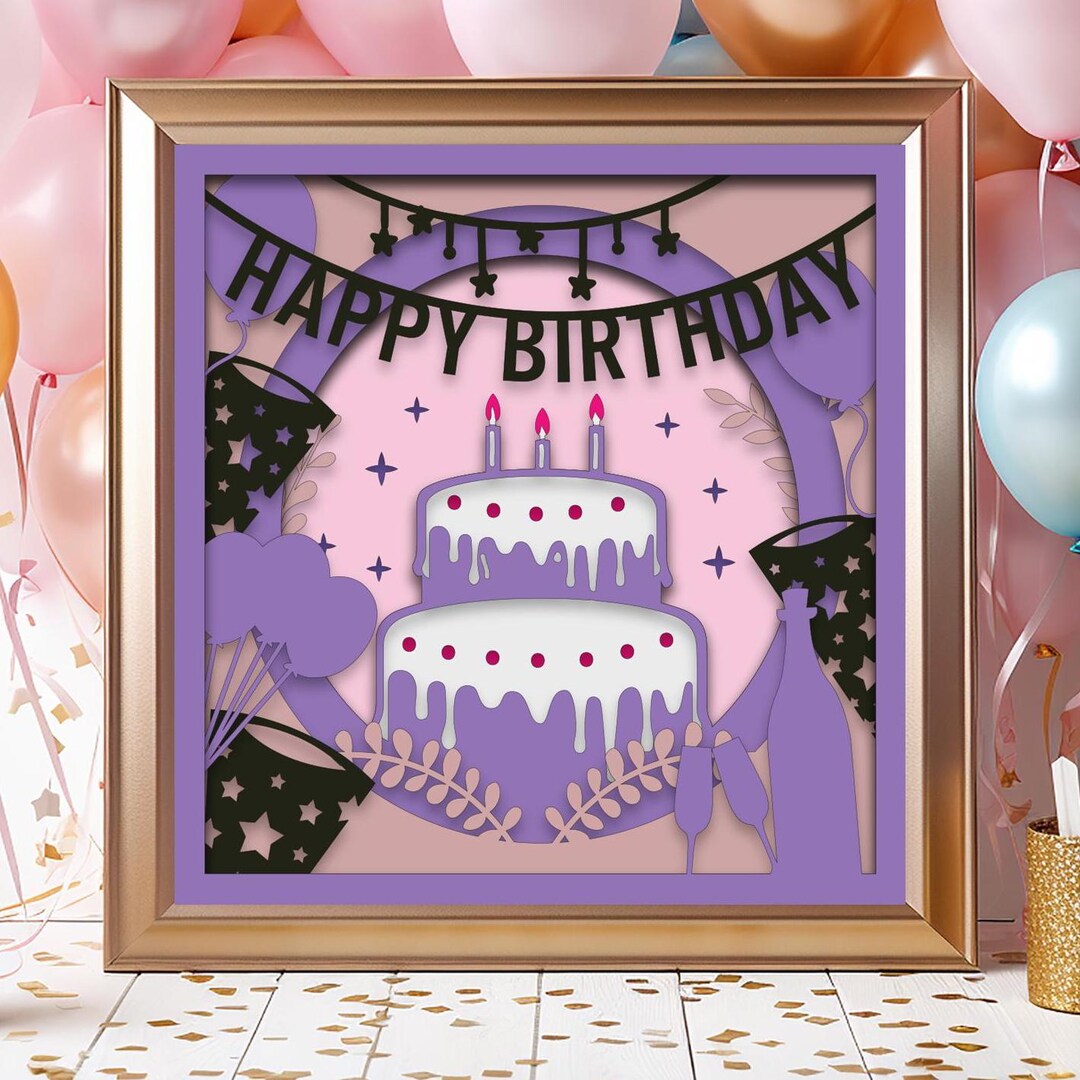 3D Happy Birthday Shadow Box Svg, 3D Silhouette Template, Multilayer ...