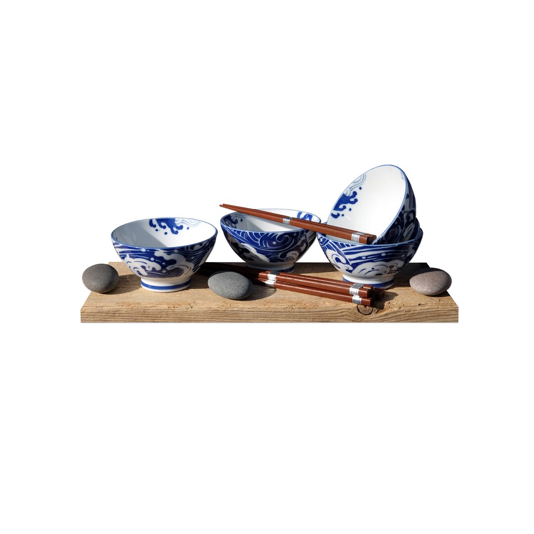 Japanese Rice & Ramen Soup Bowl and Chopstick Set - Nami X4 - Etsy UK