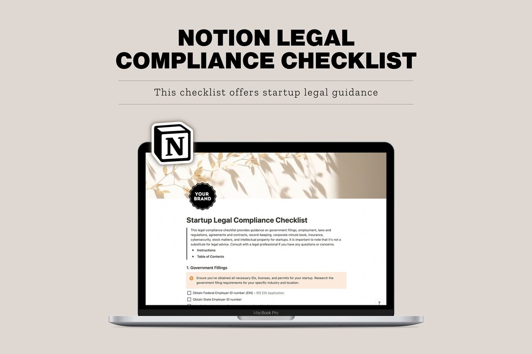 Notion Legal Compliance Checklist, Notion Planner, Business Hub ...