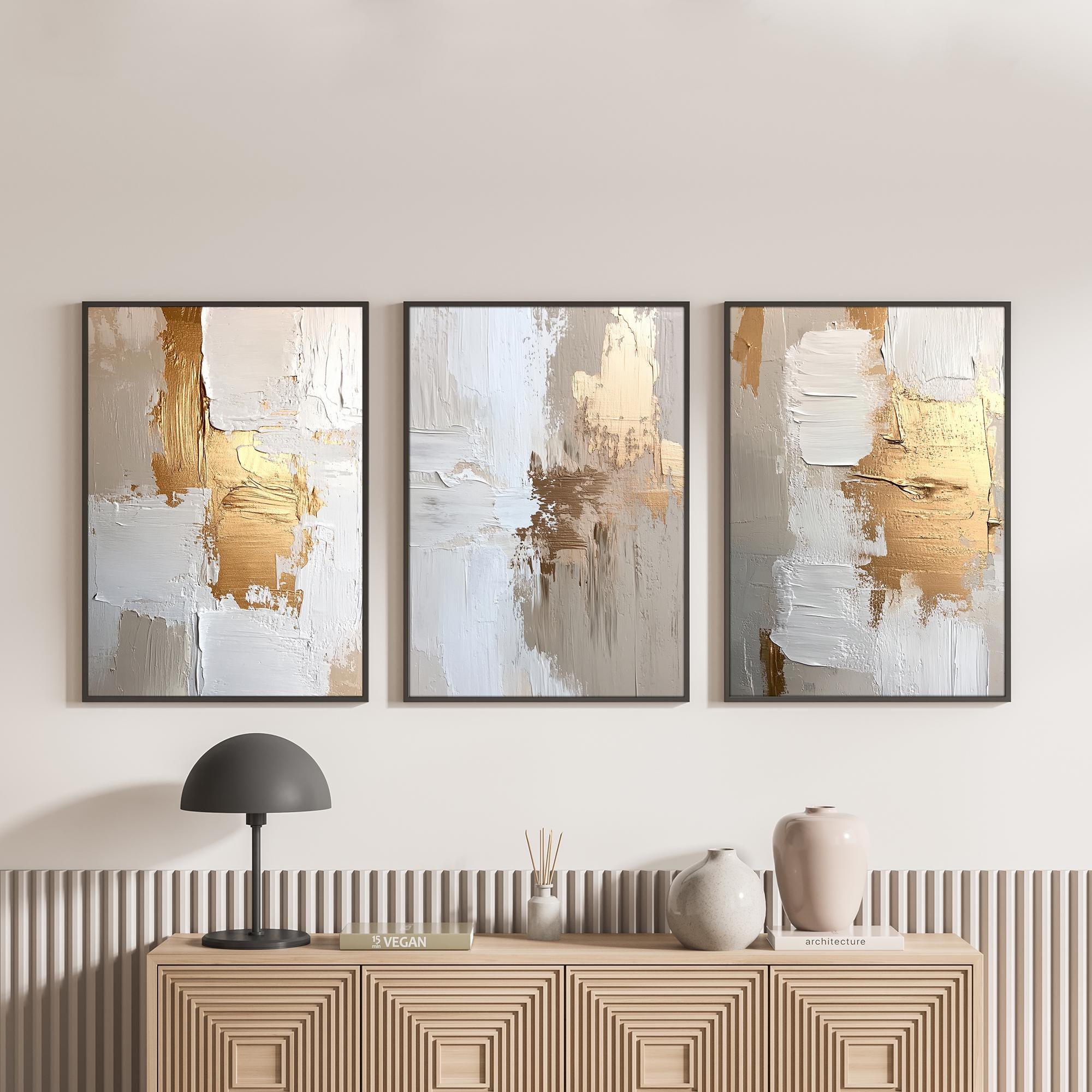 Gold Foil Abstract Cubist Art Print Set: Beige Textured Oil Painting ...