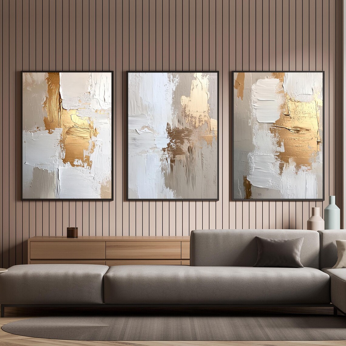 Gold Foil Abstract Cubist Art Print Set: Beige Textured Oil Painting ...