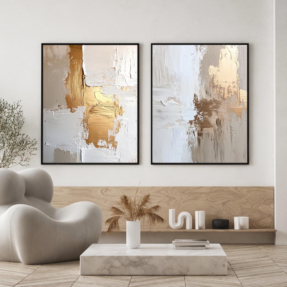 Gold Foil Abstract Cubist Art Print Set: Beige Textured Oil Painting ...