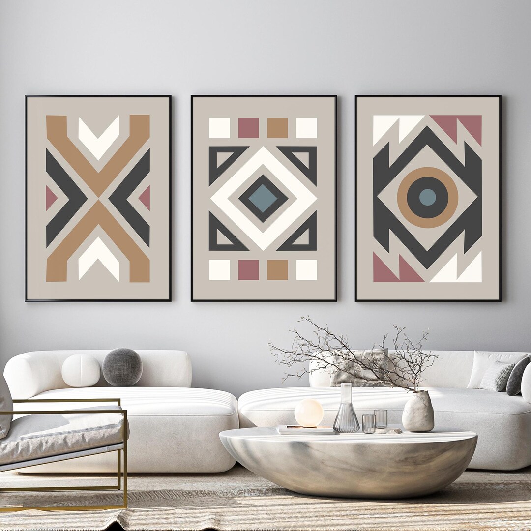 African Tribal Geometric Wall Art Prints Modern Black & Brown Set of 3 ...