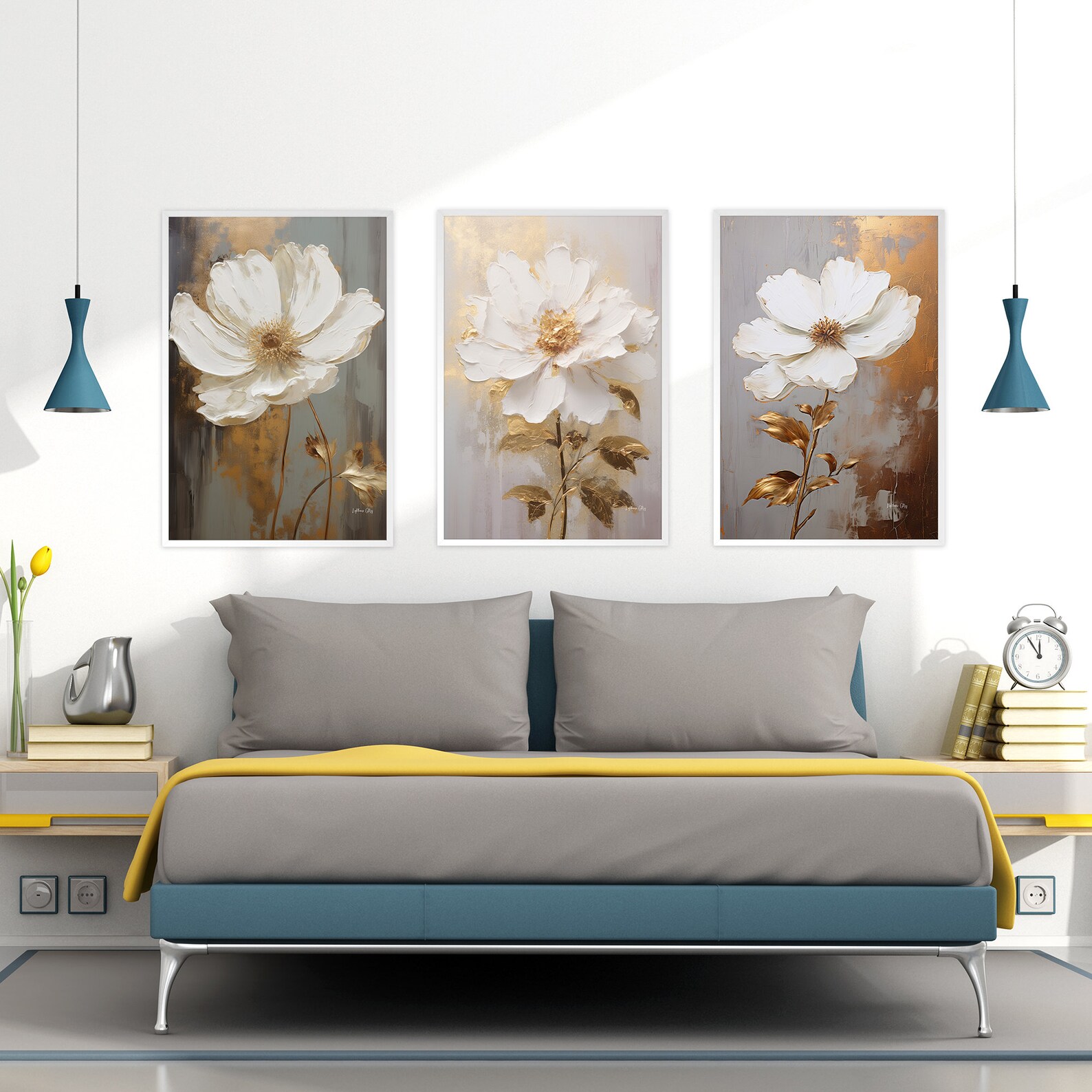 Gold Floral Art Prints: Modern White Flower Set of 3 (digital Download ...