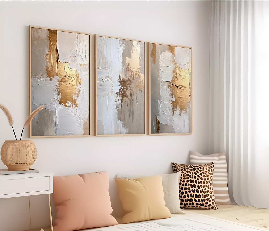 Gold Foil Abstract Cubist Art Print Set: Beige Textured Oil Painting ...