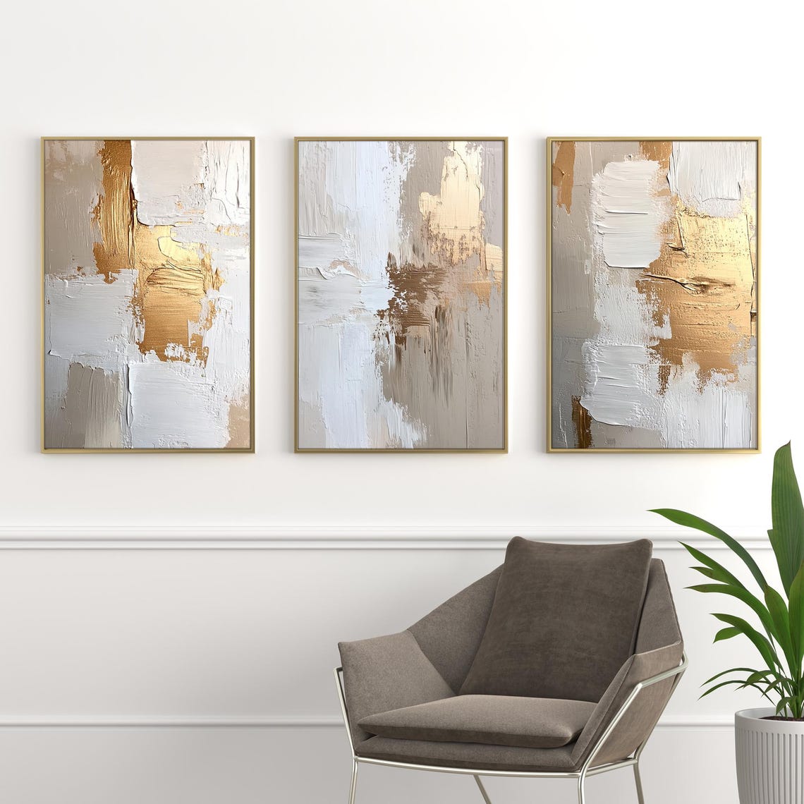 Gold Foil Abstract Cubist Art Print Set: Beige Textured Oil Painting ...
