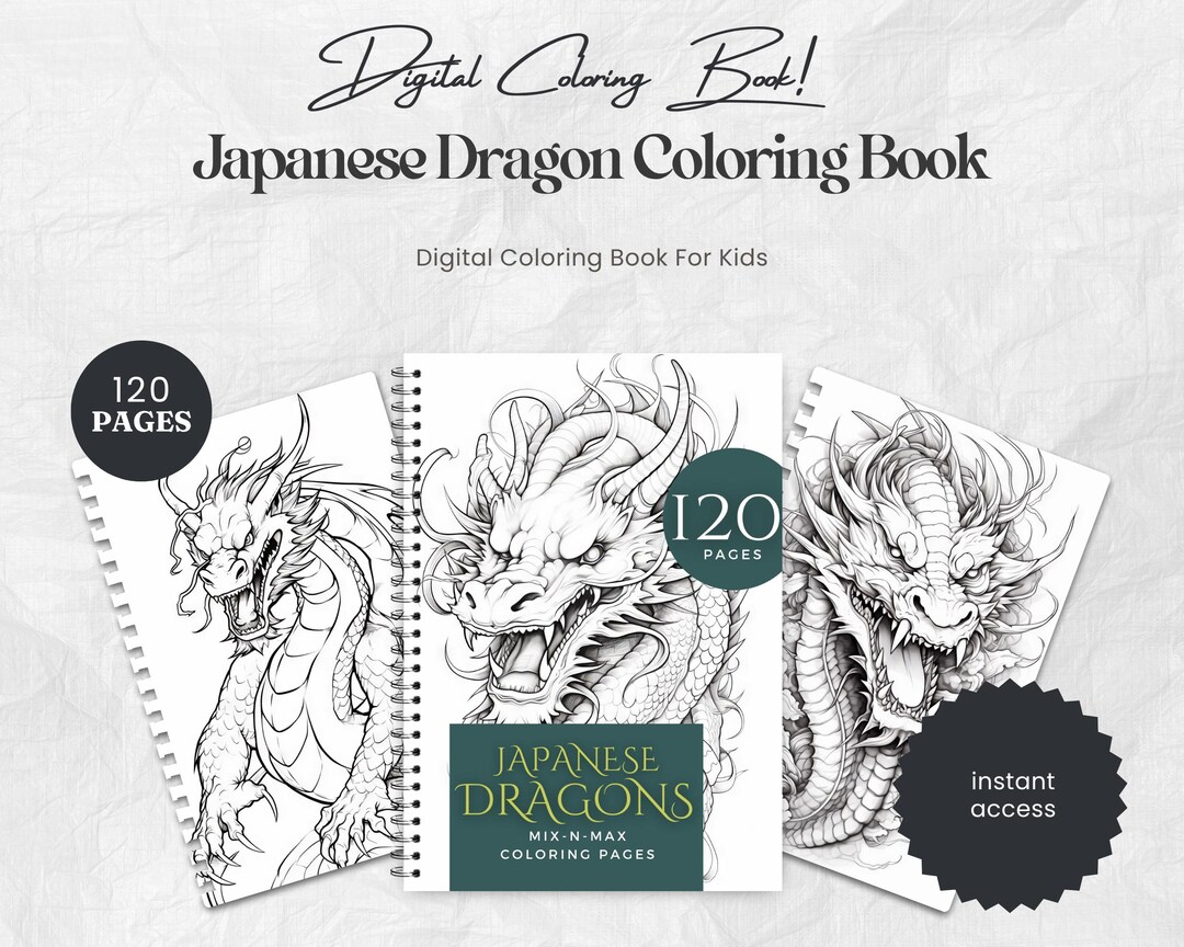 Japanese Dragon Coloring Book for Kids, 120 Pages, Digital Download ...