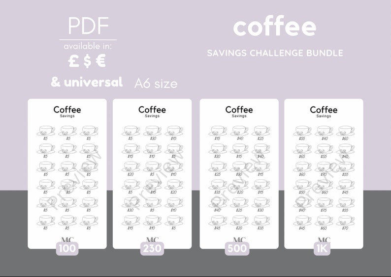 Printable Savings Challenge Bundle 100 230 500 & 1K Coffee - Etsy