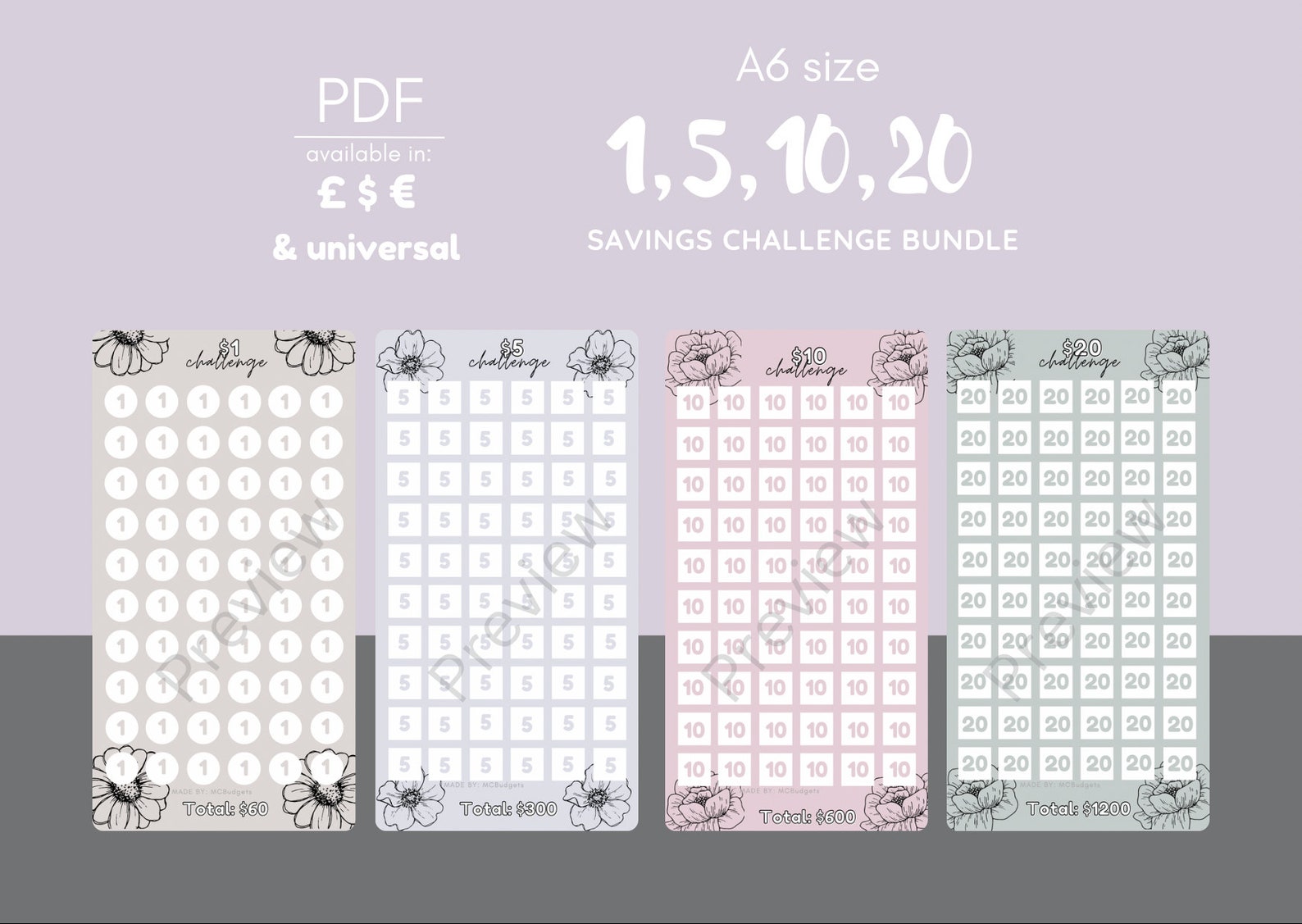 Printable Savings Challenge Set, Floral Themed Cash Challenges: 1,5,10 ...