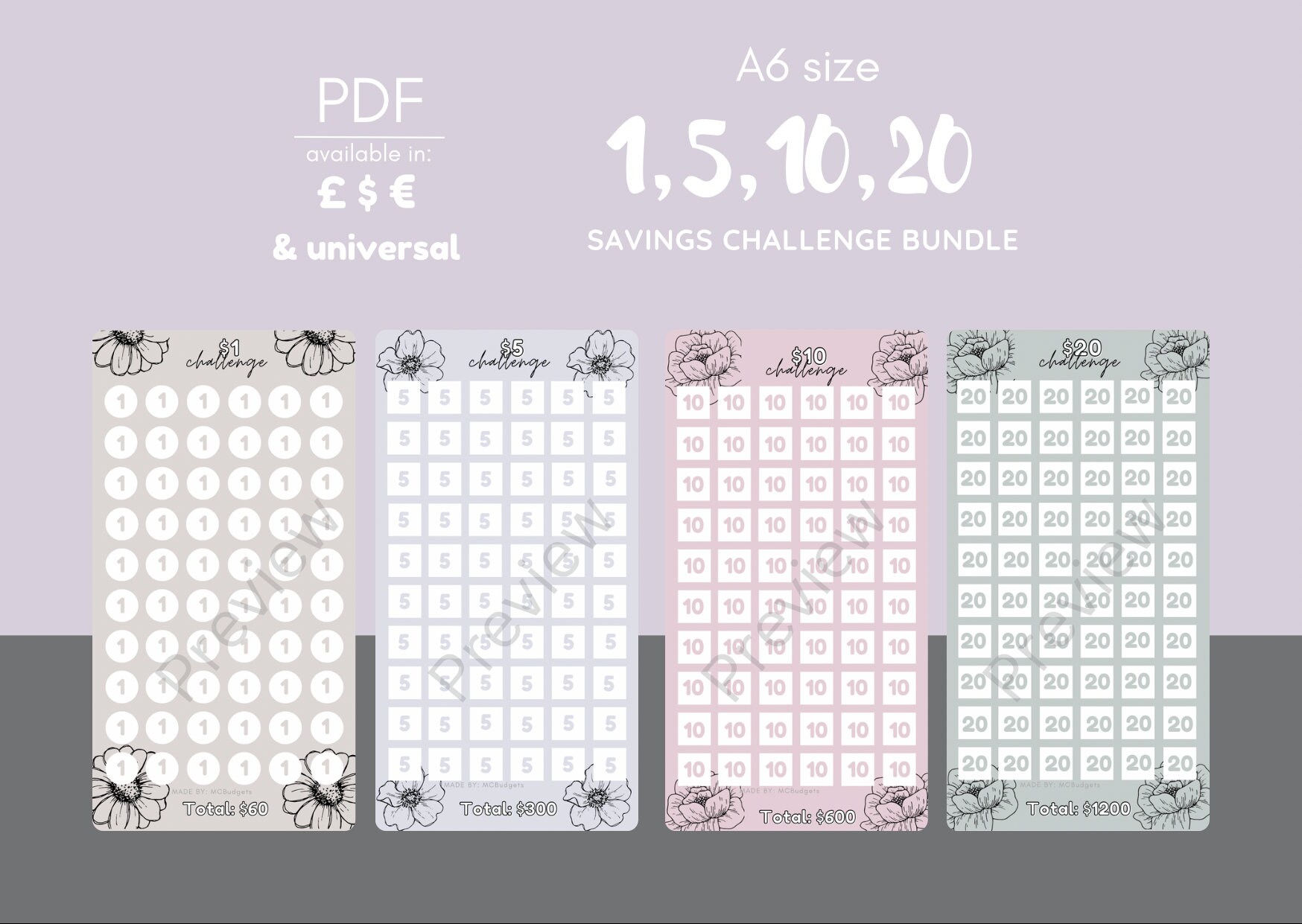 Printable Savings Challenge Set, Floral Themed Cash Challenges: 1,5,10 ...