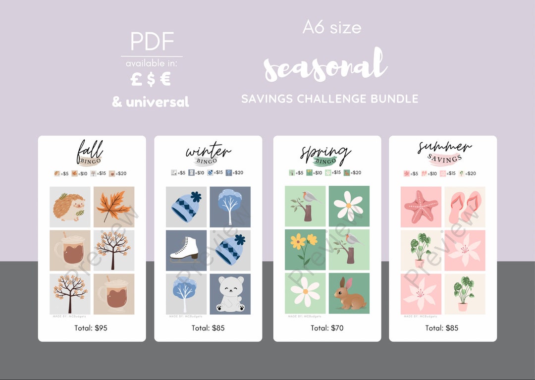 Mini Seasonal Printable Savings Challenges Bundle, 4 Seasons Cash ...