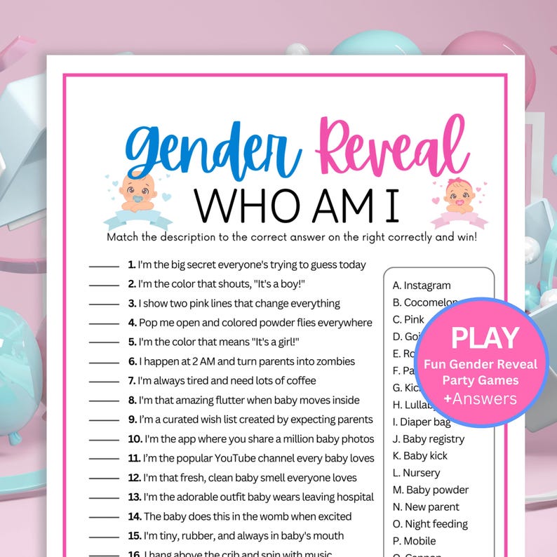 Gender Reveal Who Am I Riddles, Gender Reveal Party Games, Printable ...