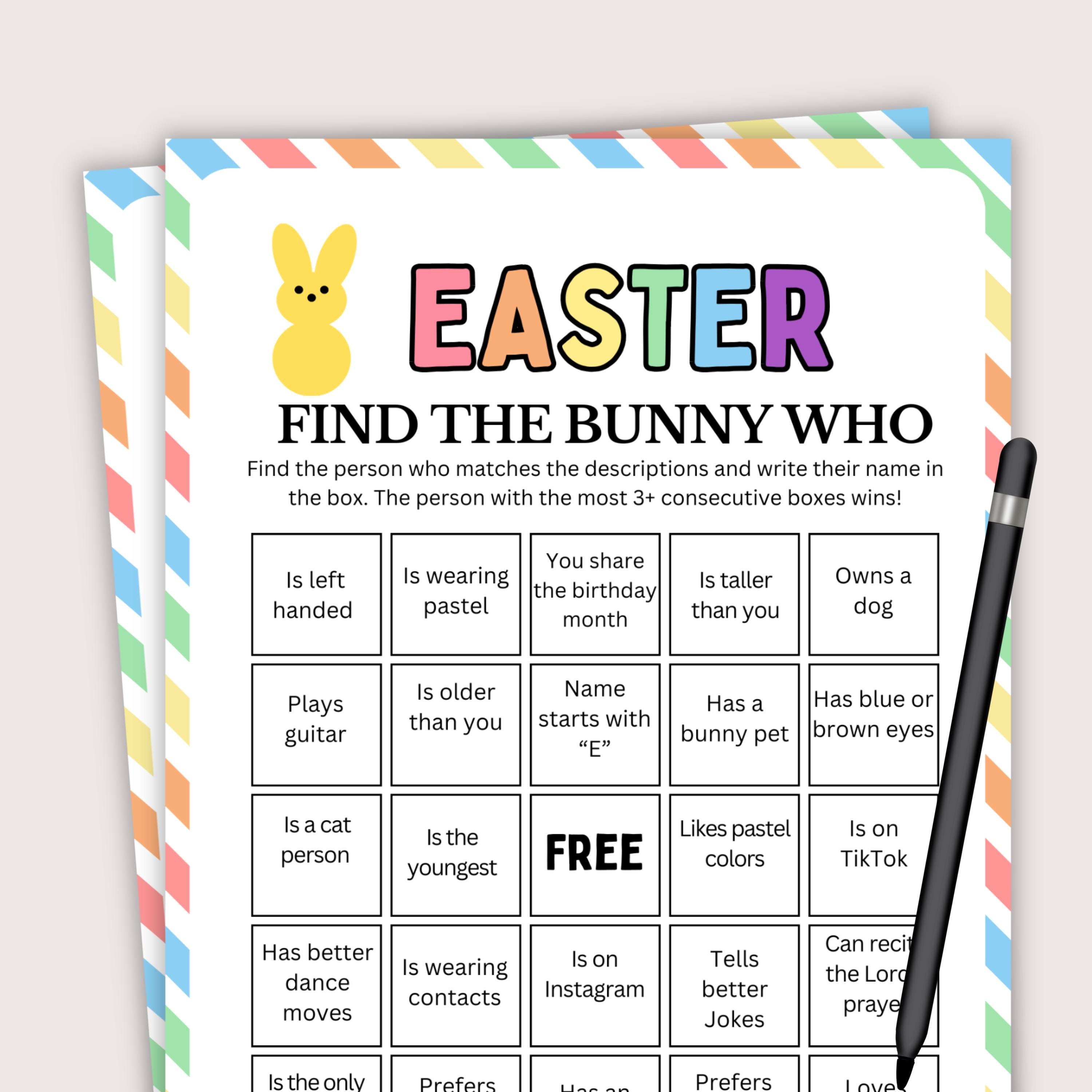 Easter Find the Bunny Who Bingo, Printable Easter Game, Fun Easter ...