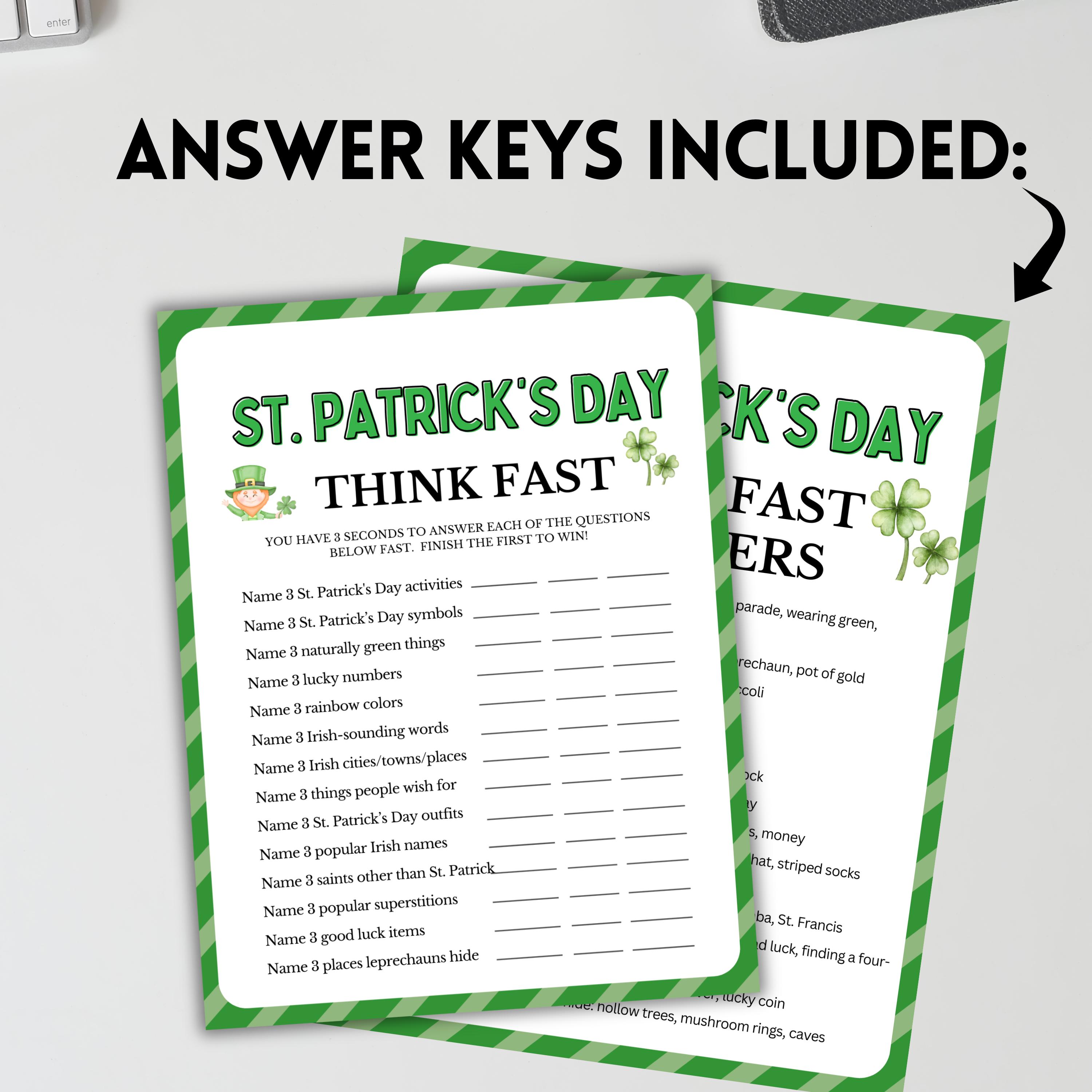 St. Patrick's Day Think Fast, Fun St. Patricks Day Game, Printable St ...