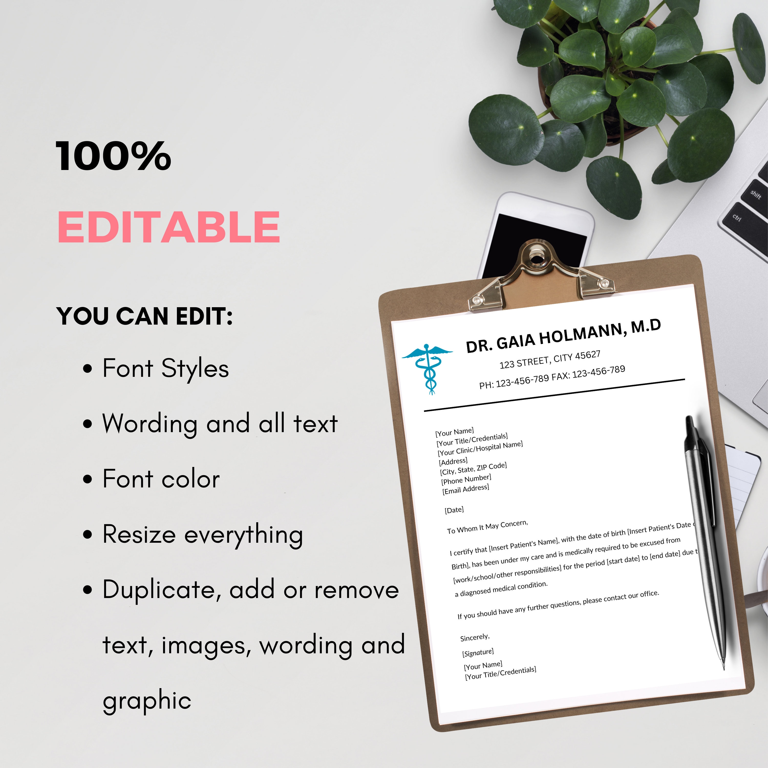 Editable Doctor's Excuse Letter Note, Medical Sick Leave Letter ...