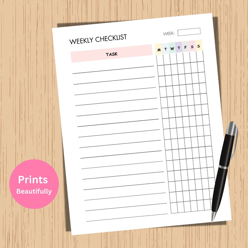 Weekly Checklist Printable 7 Days to Do List, Daily Planner, Printable ...