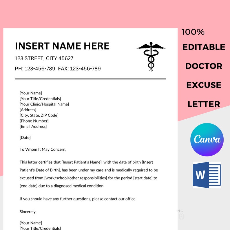 Doctor's Excuse Note, Letter for School Work Sick Leave, Medical Excuse ...