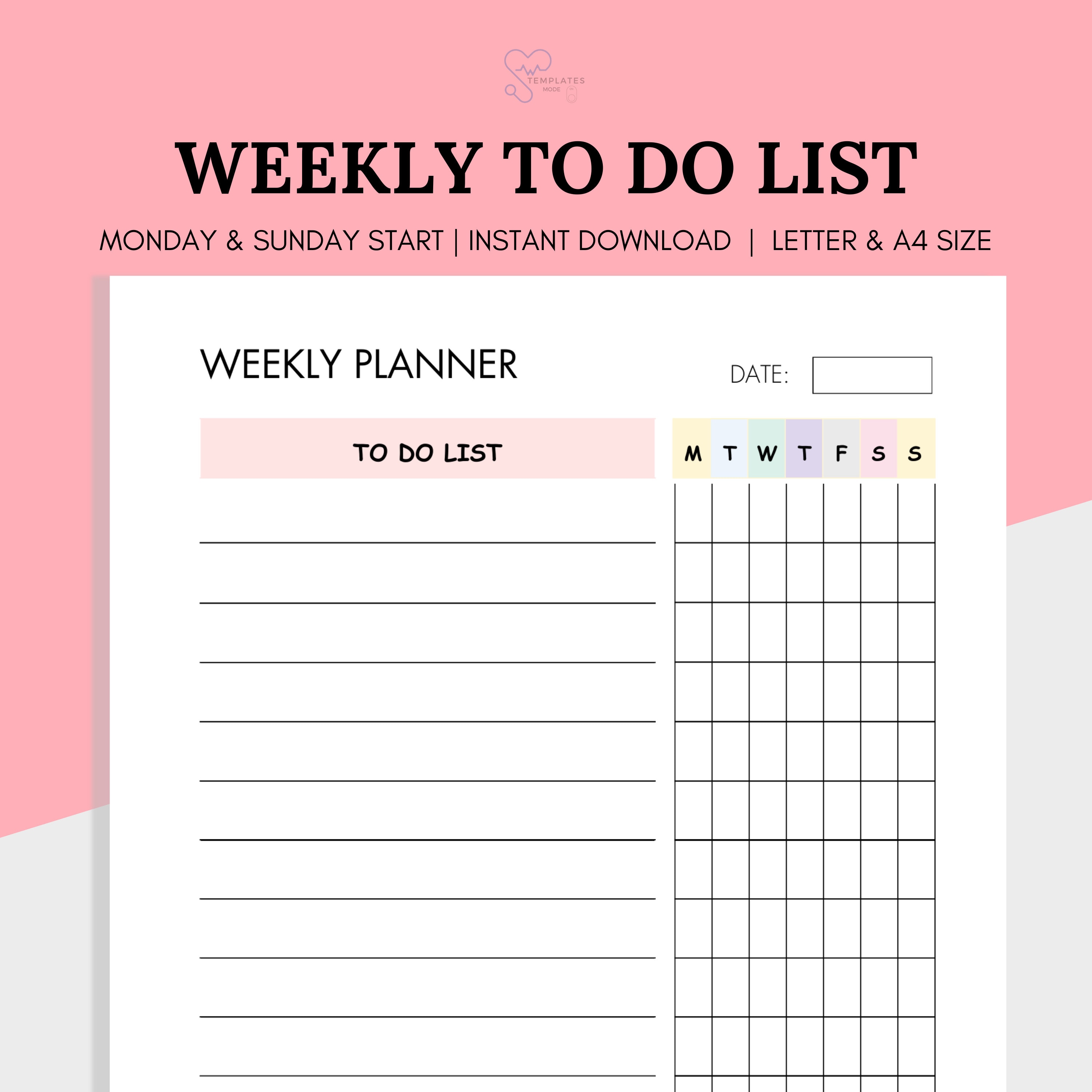 Weekly to Do List, Printable Weekly Checklist, 7 Day to Do List, 7 Day ...
