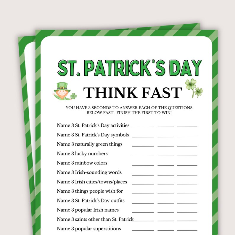 St. Patrick's Day Think Fast, Fun St. Patricks Day Game, Printable St ...