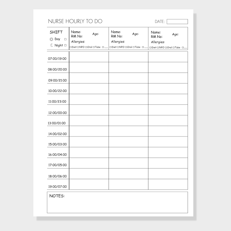 Nurse Hourly to Do, Printable Nurse Shift Planner, 3 Patient Medsurg ...